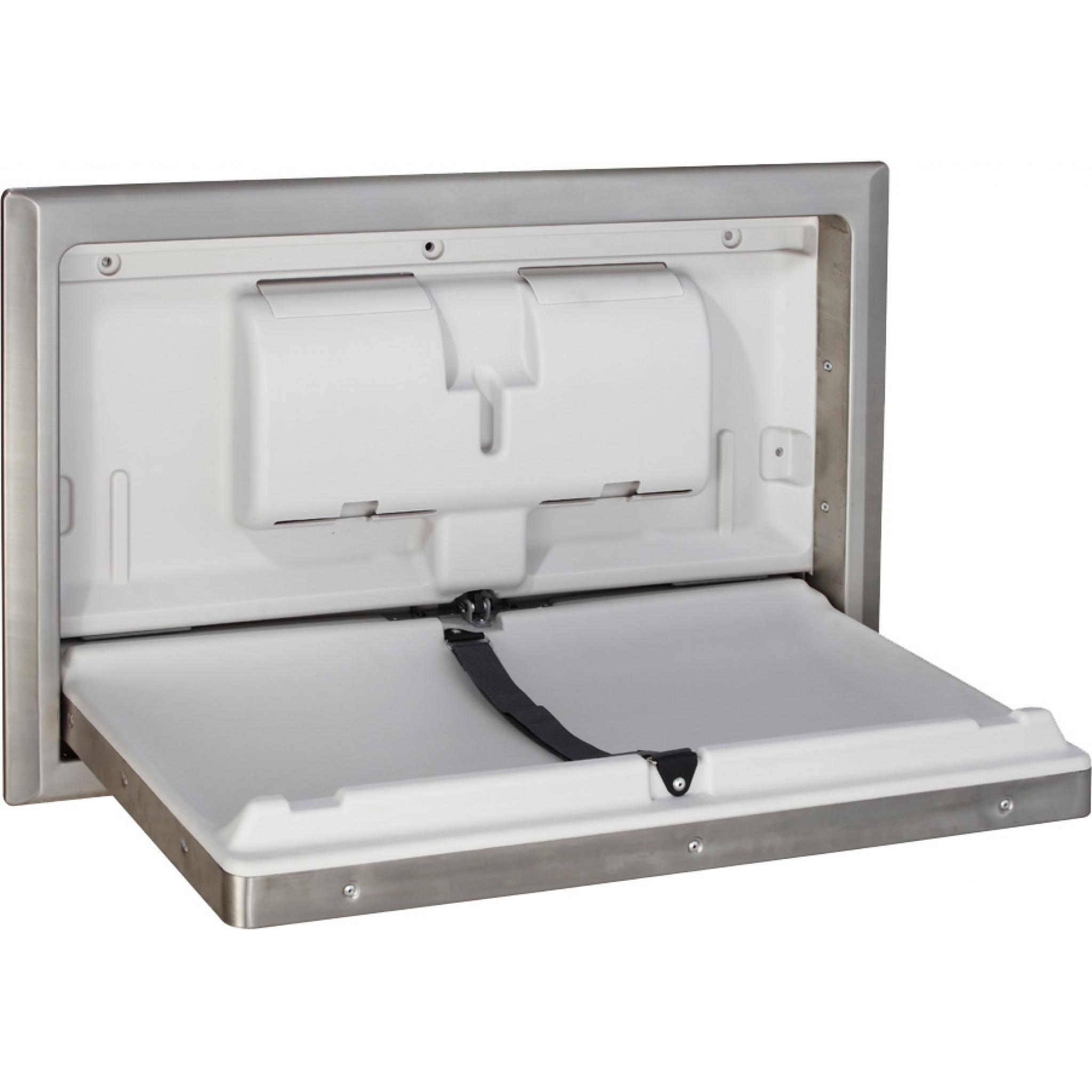Flush mounted baby changing station in stainless steel and HDPE