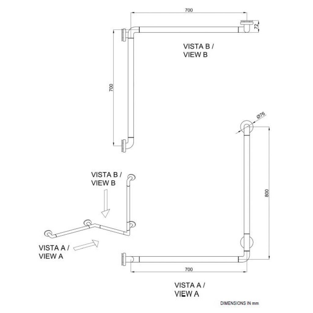 Right sided corner grab rail with double angle and white nylon coating