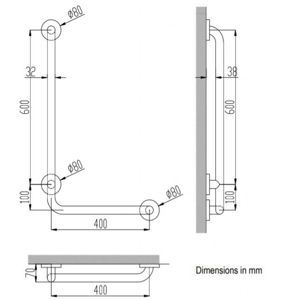 Angled grab rail left side 700x400mm stainless steel polished