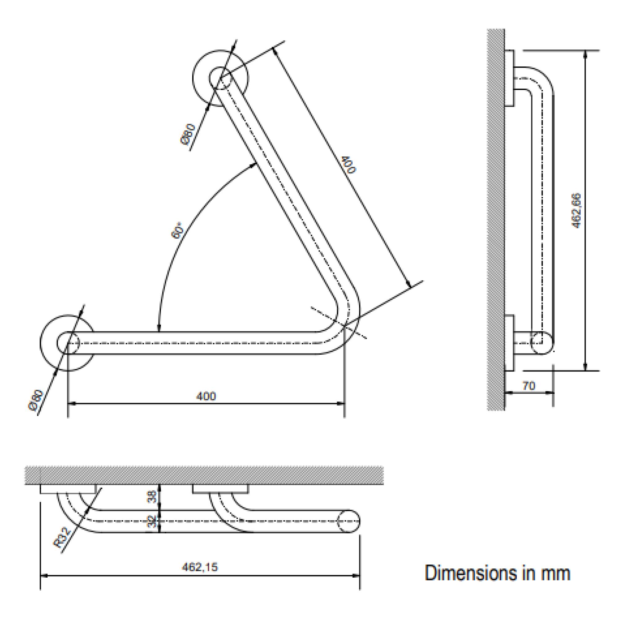 Angled grab rail 60 deg stainless steel | polished | Nofer UK