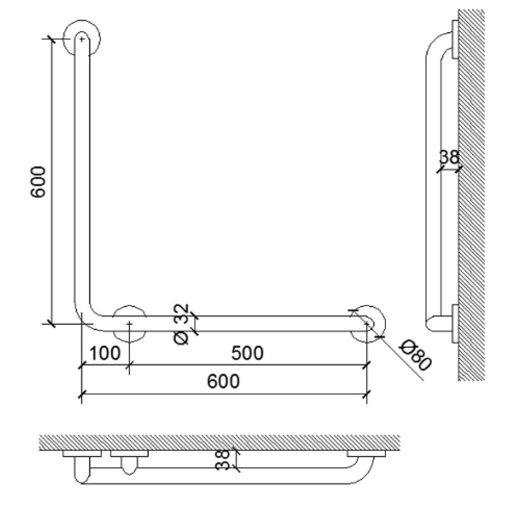 Angled grab rail satin matt stainless steel 600x600mm