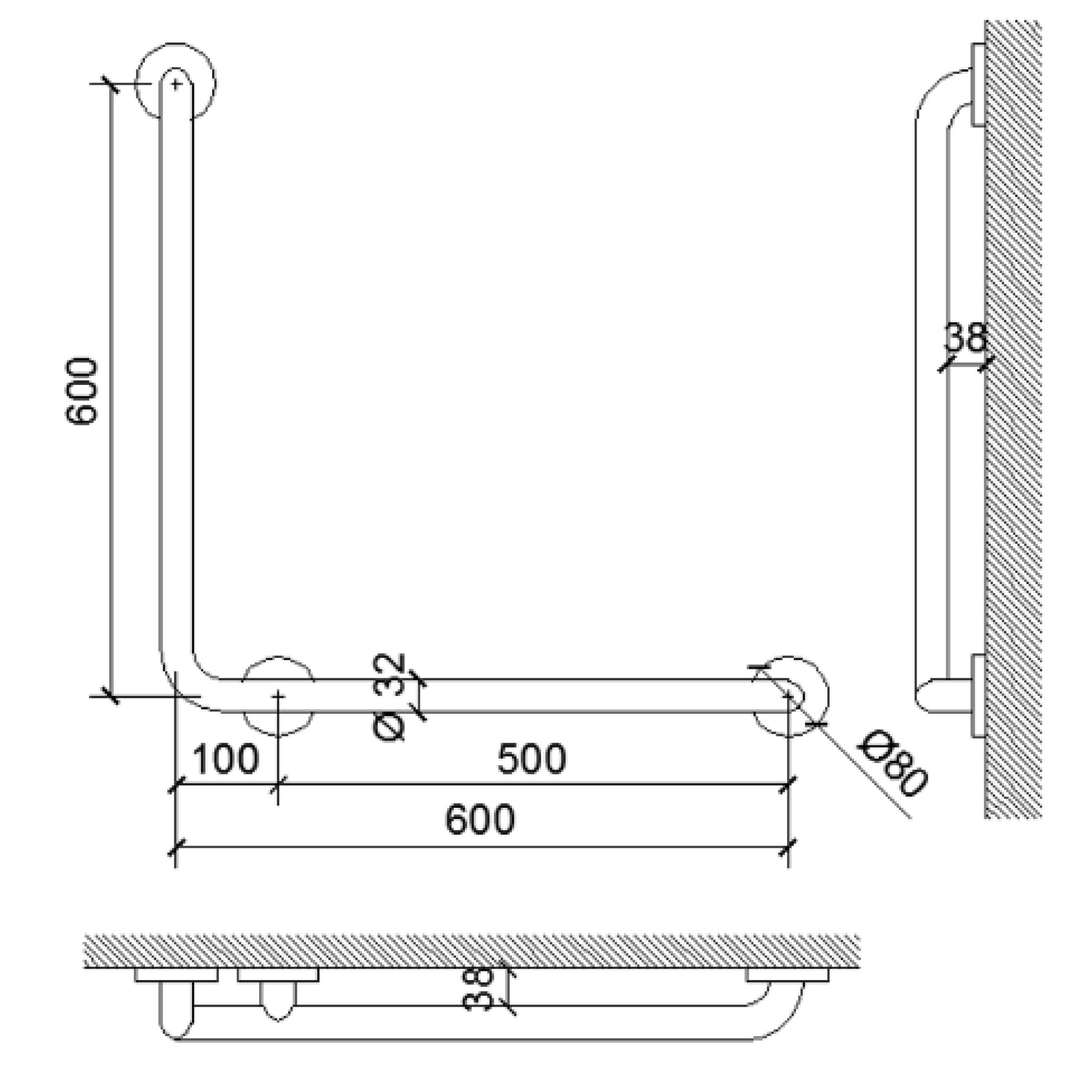 Angled grab rail satin matt stainless steel 600x600mm